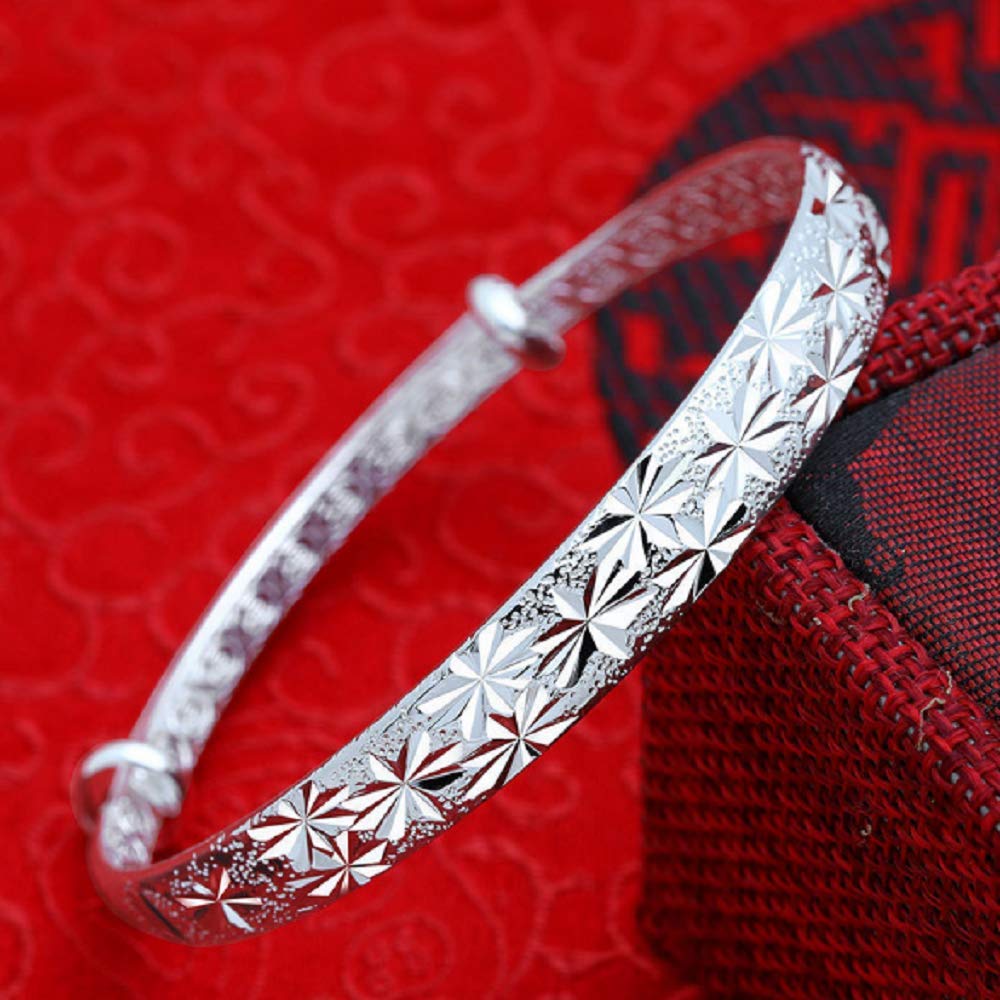 Wenbin Elegant Lady 925 Sterling Silver Engraved Bangle Scrub Bracelet Starry Bracelet Adjustable Bracelet Jewelry