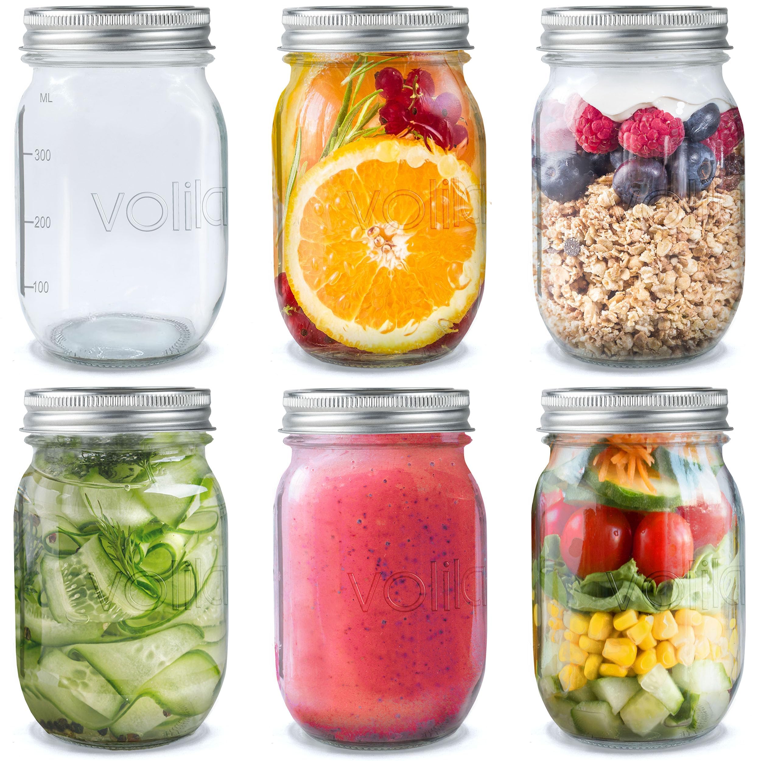 volila Mason Jar with Lid - 6 Pack 16 oz Mason Jars with 1-part Lid - Regular Mouth Mason Jars with Lids for Overnight Oats, Salad, Canning, Meal Prep, Pickling Jars, Food Storage and DIY Craft