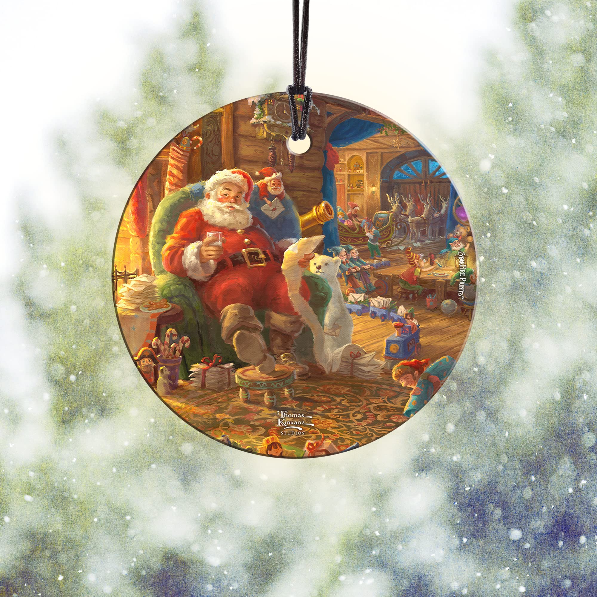Thomas Kinkade - Santa’s Workshop - Checking His List - 3.5” Starfire Prints Hanging Glass Print Accessory – Officially Licensed Collectible | Complimentary Velveteen Gift Bag