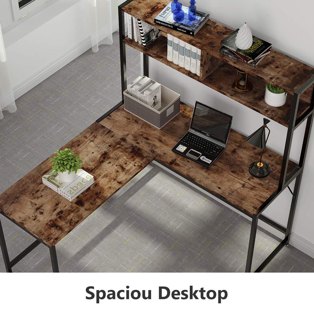 Tribesigns L-Shaped Desk with Hutch,55 Inch Corner Computer Desk Gaming Table Workstation with Storage Shelves Bookshelf for Home Office,Rustic