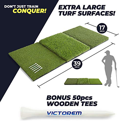Victorem Golf Mat for Backyard - 17x39 Inch Unfolded, Durable Turf Mat for Indoor or Outdoor Golf Practice, Golf Hitting Mats with 50pcs. Wooden Tees - Golf Mats Practice Outdoor - Golf Practice Mat