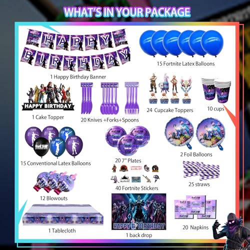 Video Game Party Supplie For 20 Guest, 288 Pcs Birthday Decorations includes Happy Birthday Banner, Backdrop, Balloon, Cake Topper, Tableware, Napkins, Stickers