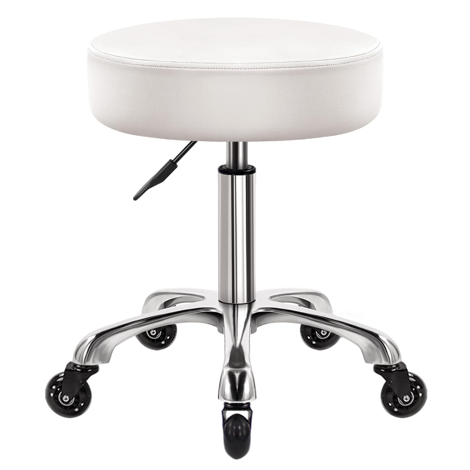 WKWKER Heavy Duty Rolling Stool with Wheels Hydraulic Swivel Adjustable Rolling Stool Ergonomic Thick Leather Seat Stool Chair for Kitchen Drafting Lab Office Salon Message Stool ā White