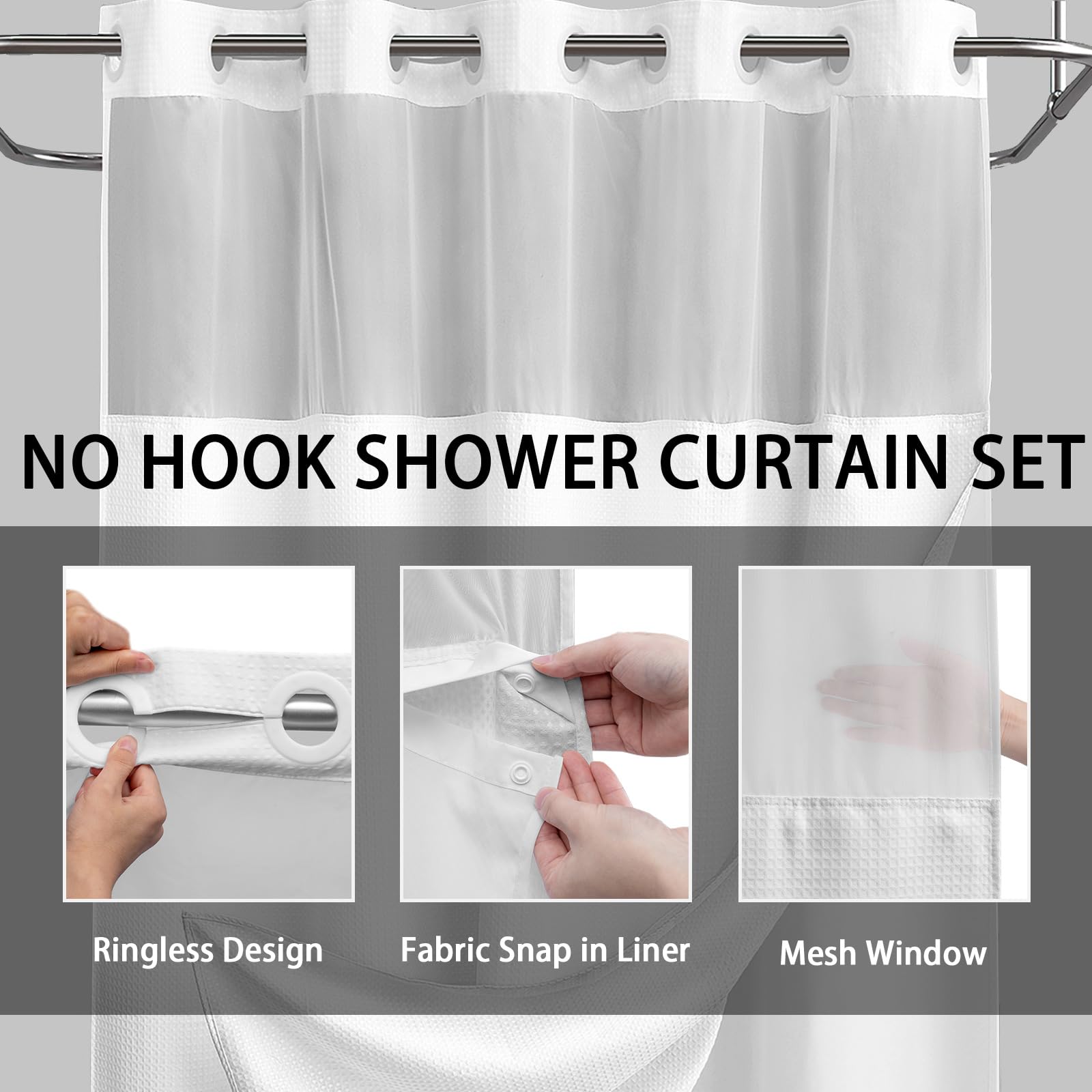 YellyHommy No Hook Shower Curtain with Snap in Liner Set White Waffle Shower Curtain for Bathroom 75" L x 78" W