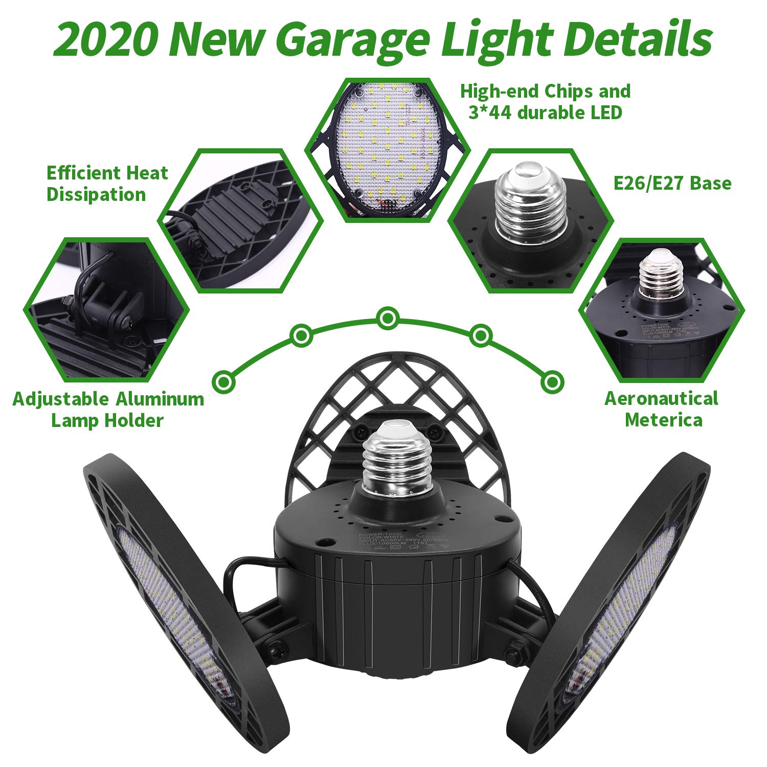 Triple Glow LED Garage Lights, New 6000Lumens Three Leaf Deformable Tribright Garage Light Ceiling LED with 3 Adjustable Panels, 60W E26 Illuminator 360 Garage Light Fixture for Garage, Barn, Shop