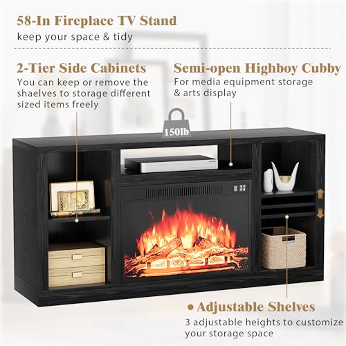 YESHOMY Electric Fireplace TV Stand for Televisions up to 65+ Inch, Media Entertainment Center Console Table with Four Open Storage Shelves & Cabinets, 58 Inch, Black