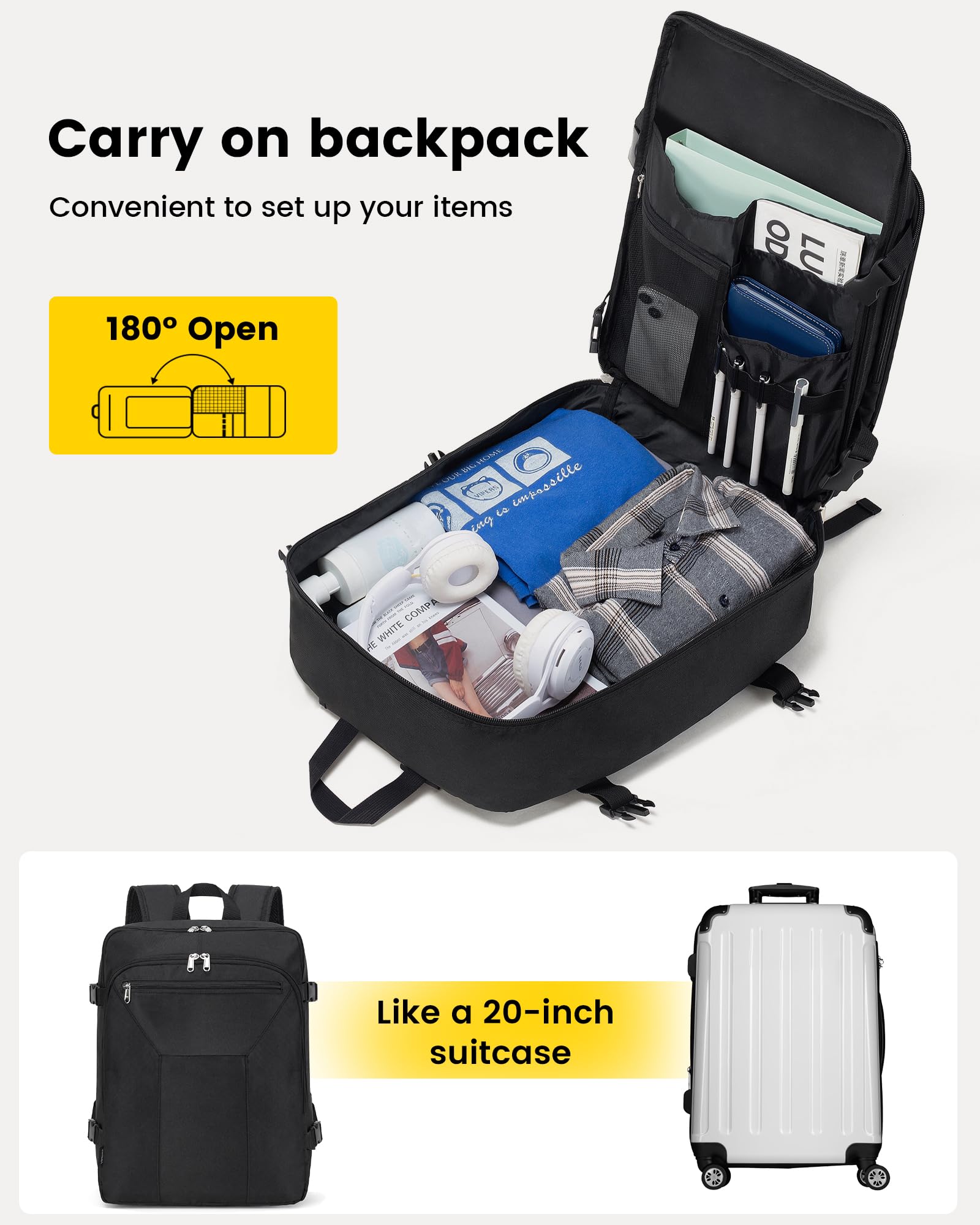 Vorspack Travel Backpack for Women Men - Carry On Backpack for Airplanes Large Laptop Backpack Casual Daypack with Shoe Compartment for Travel Work College - Black