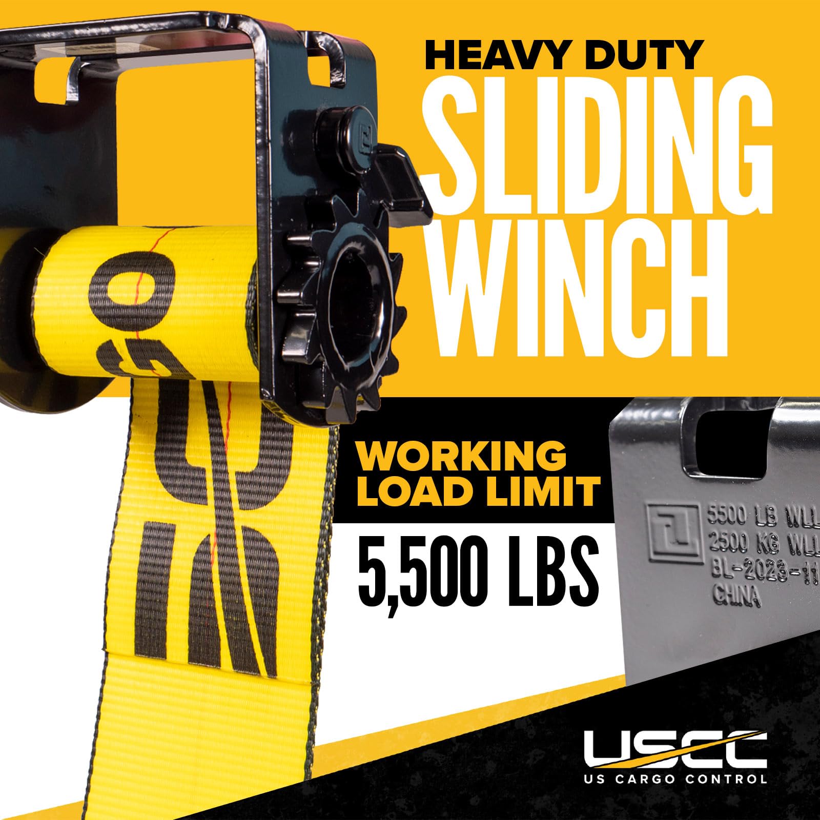 US Cargo Control Standard Profile Sliding Winch for Double L Track, Durable Steel Winch, Holds Up to 20 Feet of Webbing, Slides to Any Position for Winch Control, Black, 4 Inch