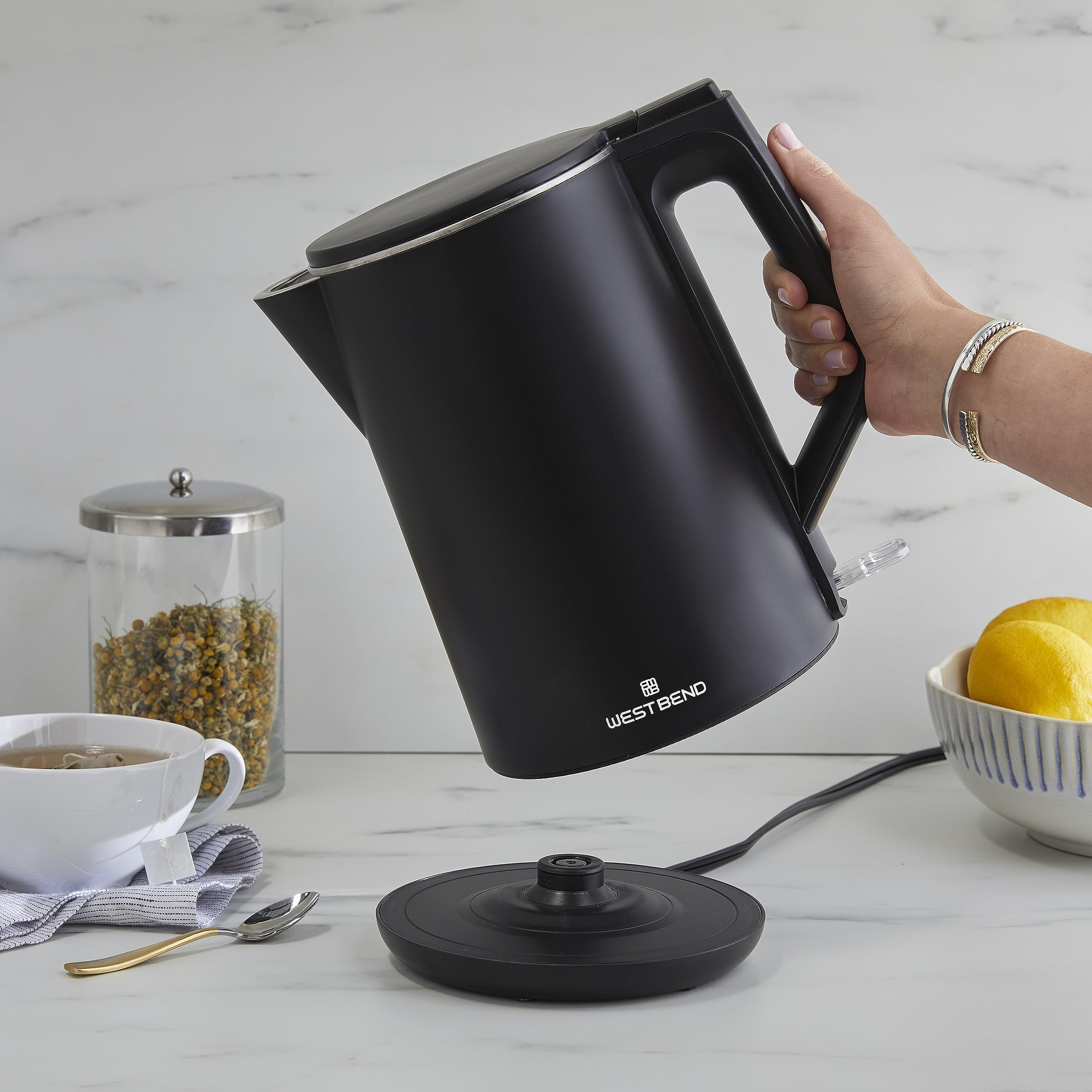 West Bend Electric Kettle Cordless Serving Features Stainless Steel Interior Boil Dry Protection and Auto Shut Off, 1.5-Liter, Black