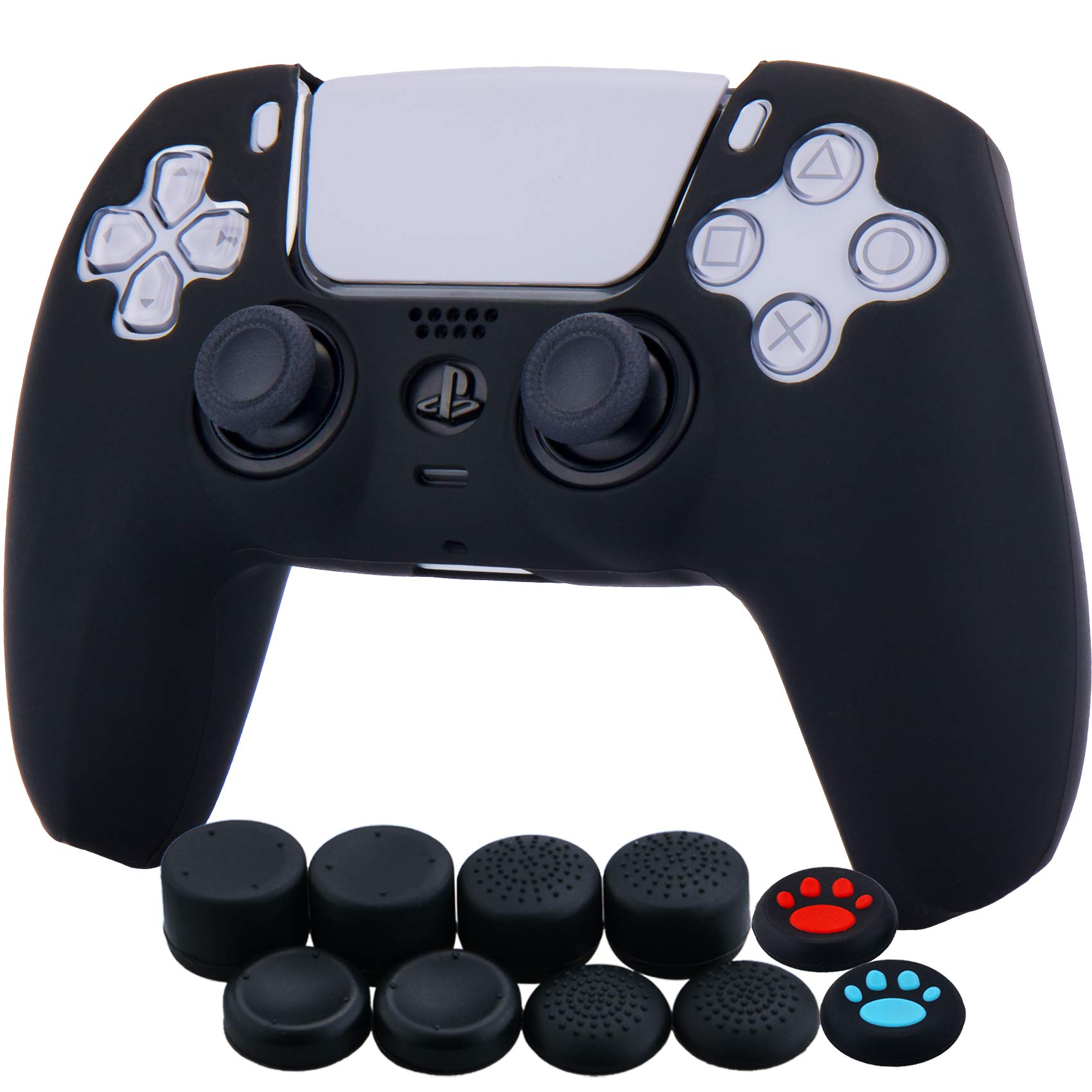 YoRHa Silicone Thickened Cover Skin Case for PS5 Dualsense Controller x 1(Black) with Thumb Grips x 10