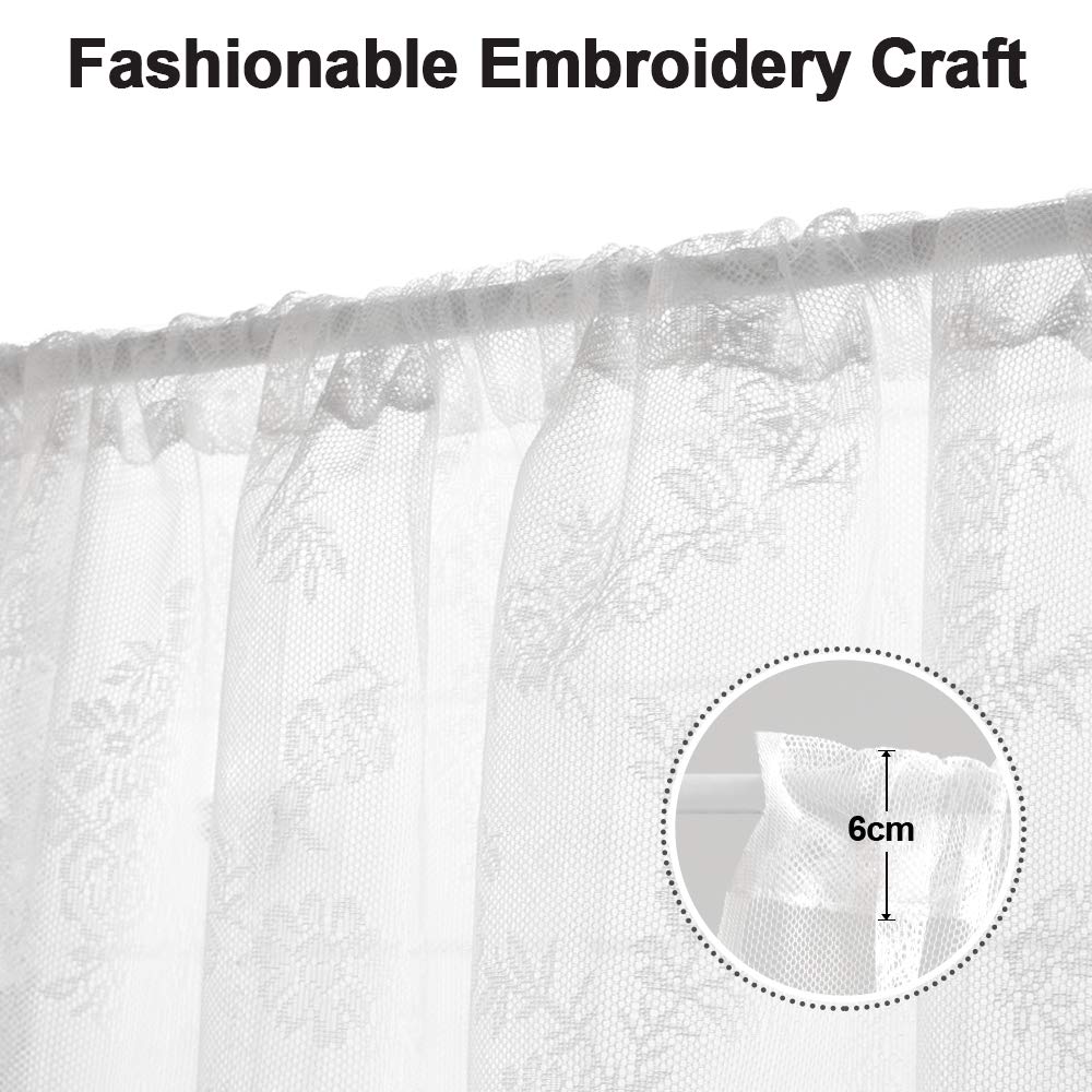 Zhh Sheer Lace Valance Kitchen Short Curtain White Grid Flower Curtain for Window Bedroom Livingroom Decor 23 by 57-Inch, 1 Panel