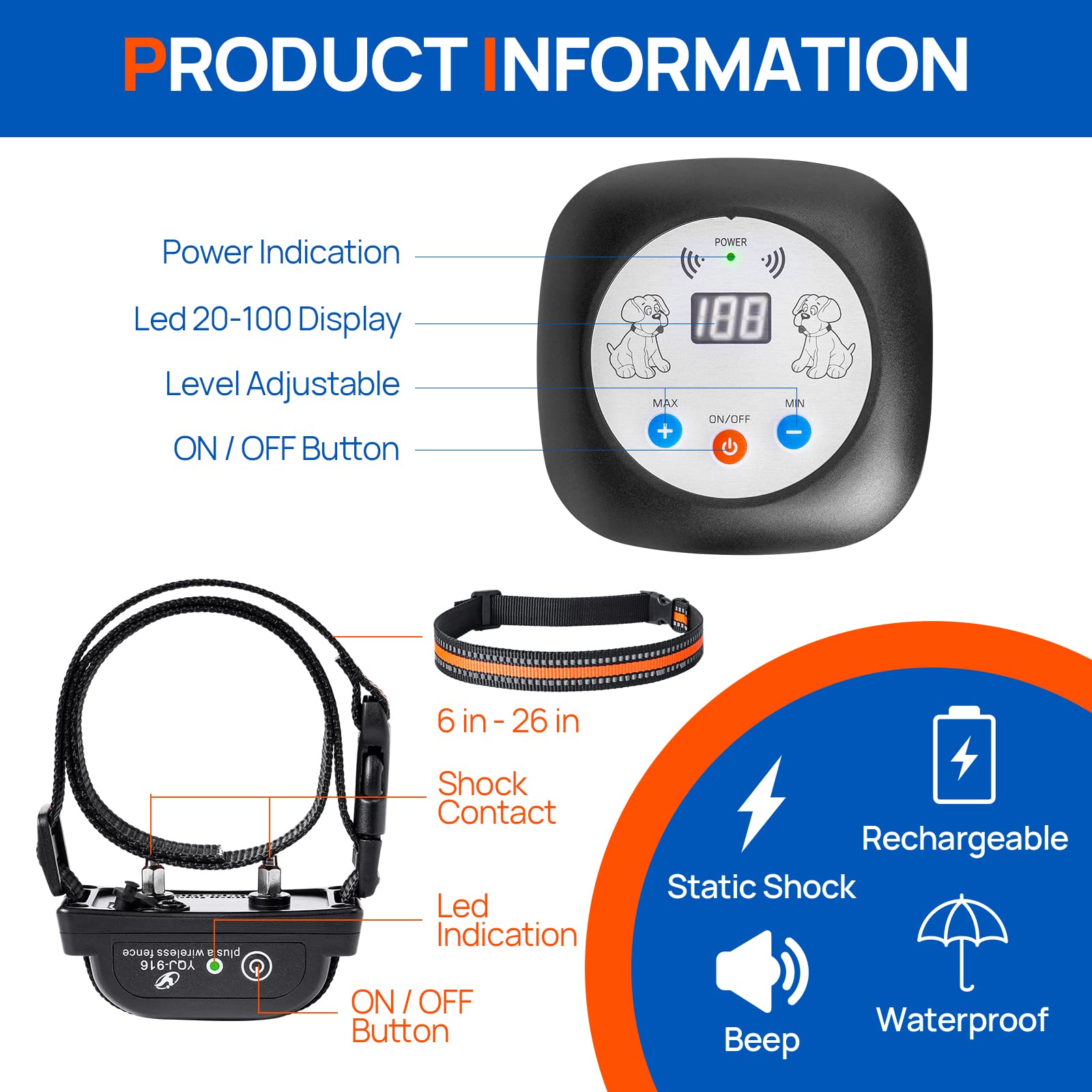 YHPOYLP Wireless Dog Fence 2 Pack, Electric Pet Containment System, Adjustable Control Range 65 to 328 Feet, Safe Effective No Randomly Over Correction, Rechargeable Waterproof Collar Receiver