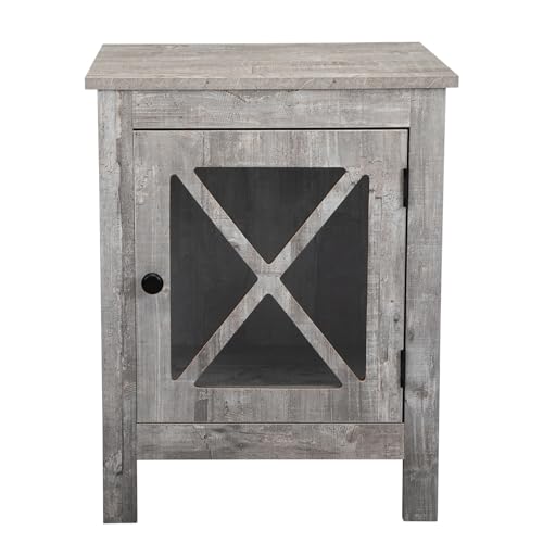 Tidyard Set of 2 Industrial Nightstand Side Table End Table with X Design Glass Door Light Gray Wood Sofa End Side Table, Bedside Nightstand for Living Room Bedroom Kitchen Bathroom