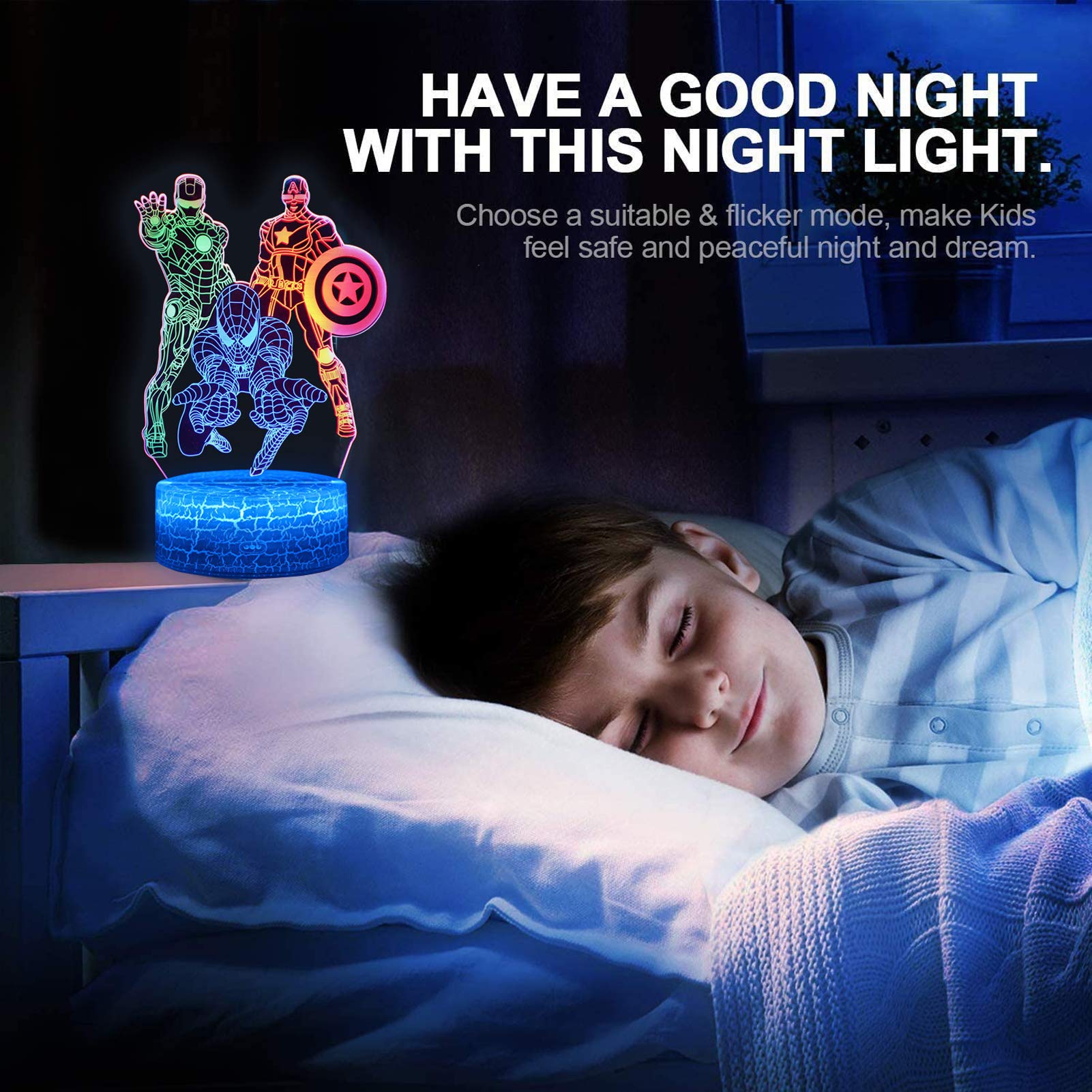 XXMANX Boys Toys Night Light for Kids, 3D Illusion Lamp Touch Control Dynamic Colors Changing with 3 Pattern Kids Toys Christmas Gifts for Men Boys