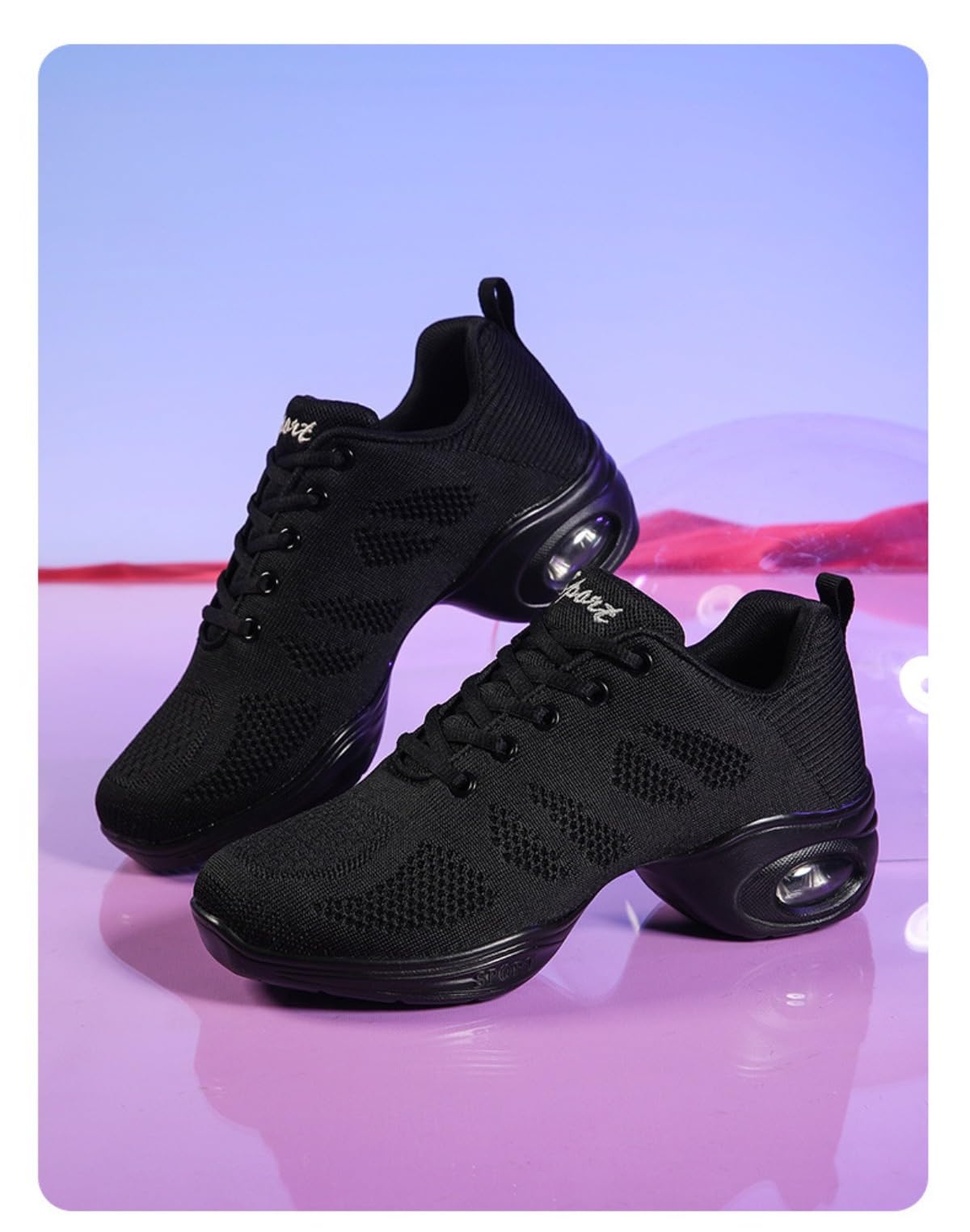 Women's Breathable Air Cushion Jazz Dance Shoes Lace Up Mesh Sneakers - Split Sole Athletic Walking Dance Thick Sole (Black,8.5)