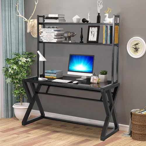 URRED Computer Desk with Shelves - Glass Top and Metal Frame Black Desk with 2 Tiers Shelves Modern Computer Desk with Storage Shelves for Home Office (55.1 inch+Shelves)
