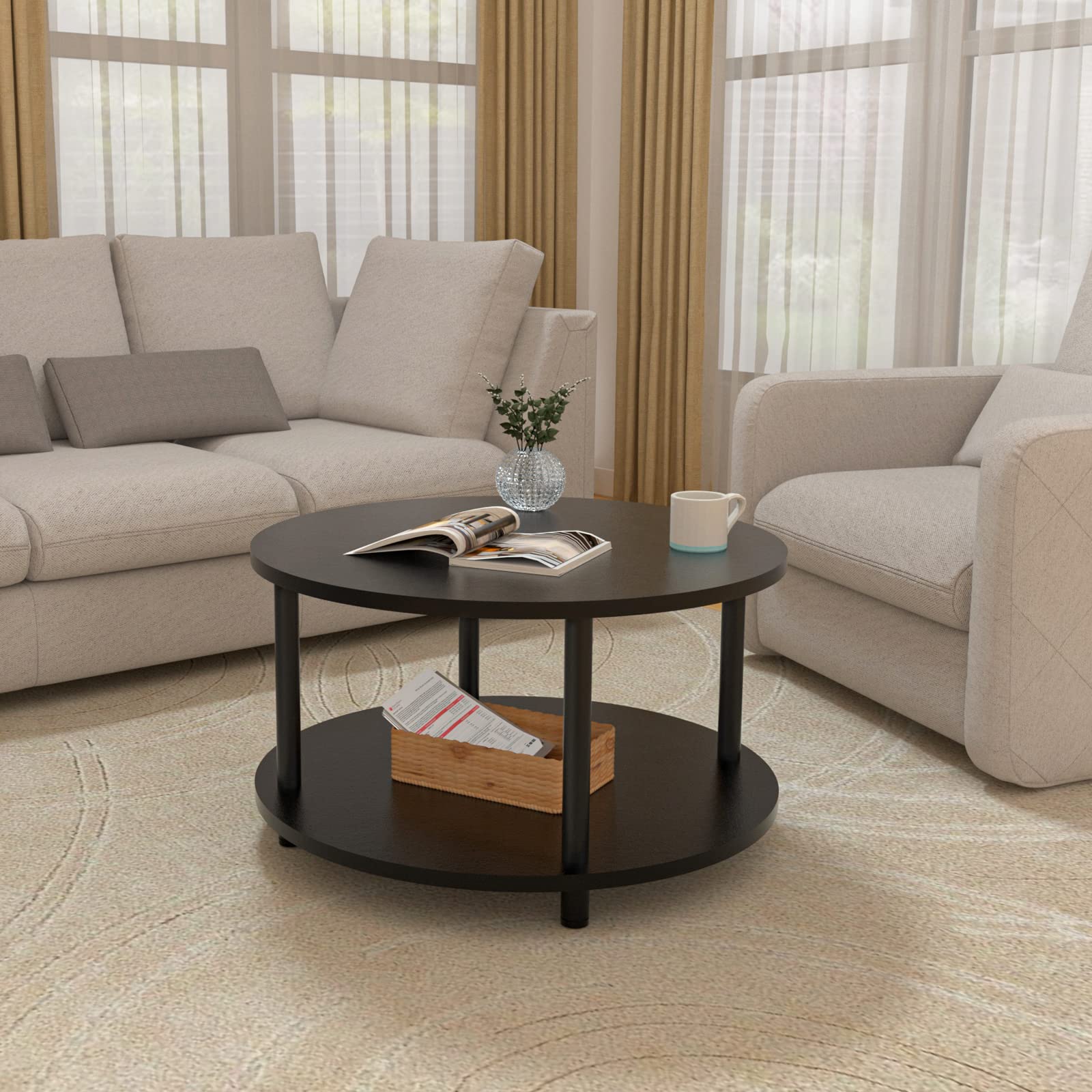 Unihouse Round Coffee Table for Living Room, 31.5’’ 2 Tier Black Wooden Coffee Table with Open Storage Shelf for Office/Reception Room,Sturdy Metal Legs, Easy to Assemble