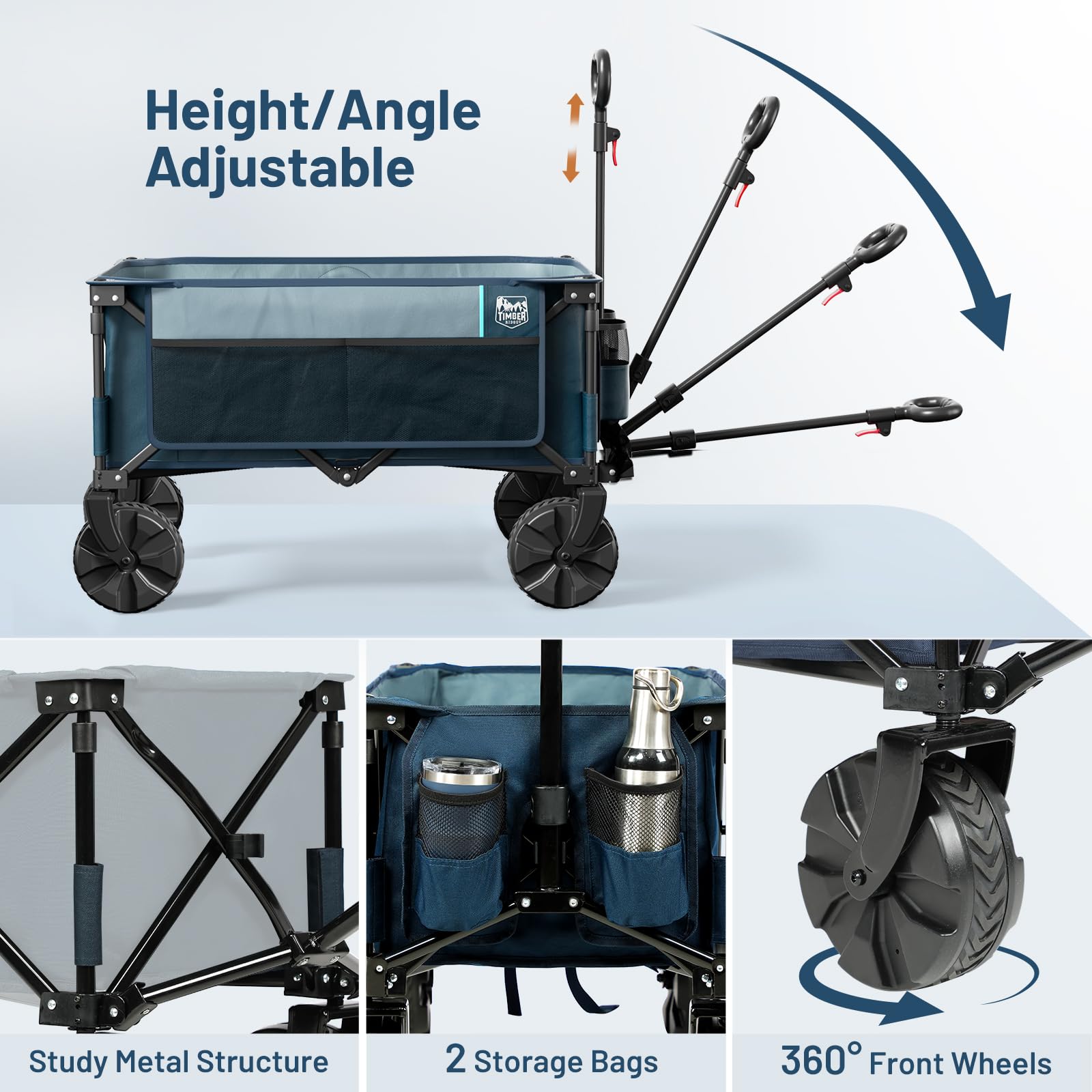 TIMBER RIDGE Collapsible Folding Wagon, Heavy Duty Utility Beach Cart with Big All-Terrain Wheels for Shopping Camping Garden with Side Bag and Cup Holders,Navy
