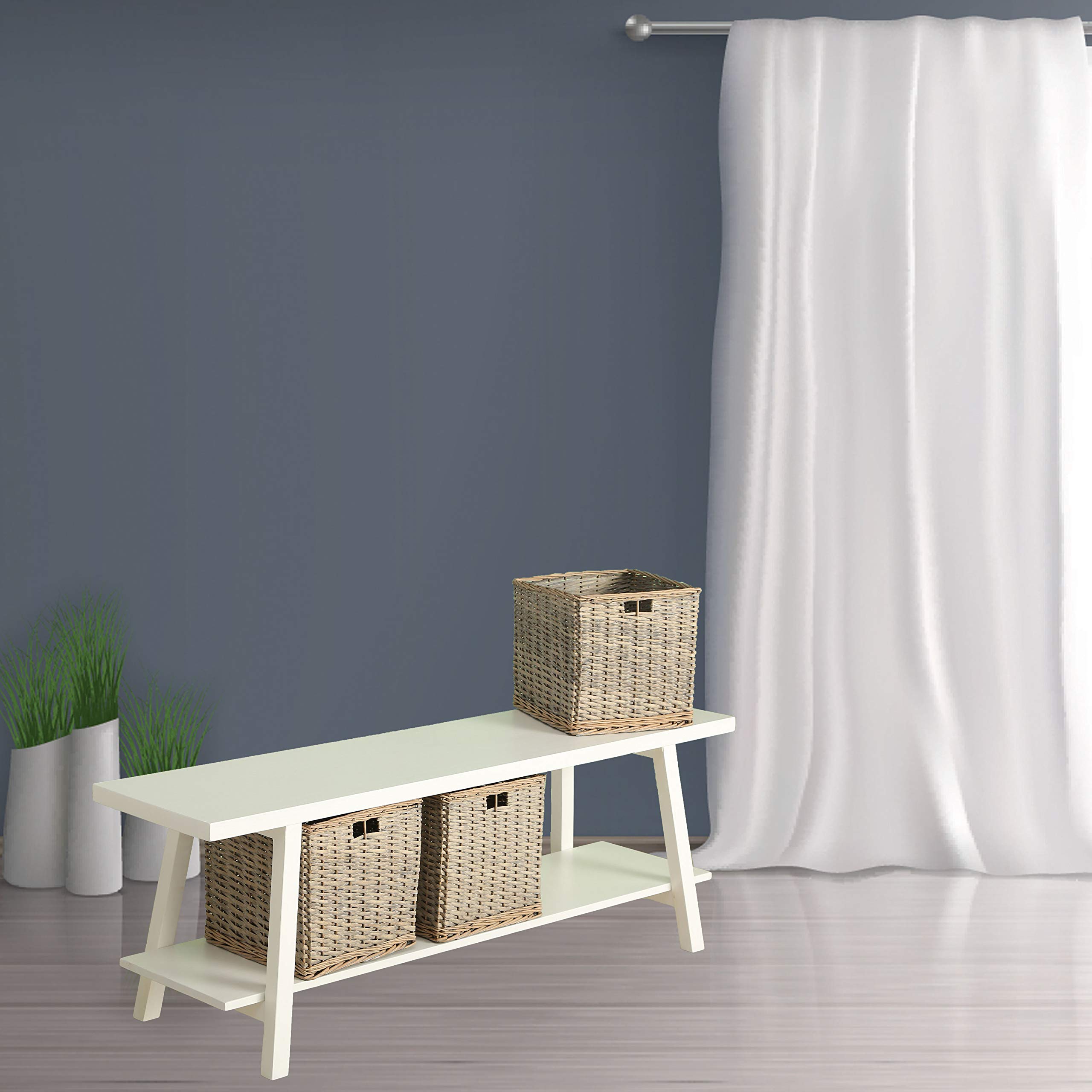 WHW Whole House Worlds Hamptons Bench, A-Frame Storage, Coastal Style Cubbies, White with 3 Brown Willow Wicker and Wood Baskets, MDF Frame, 57 Long x 12.75 Wide x 19.75 Tall Inches