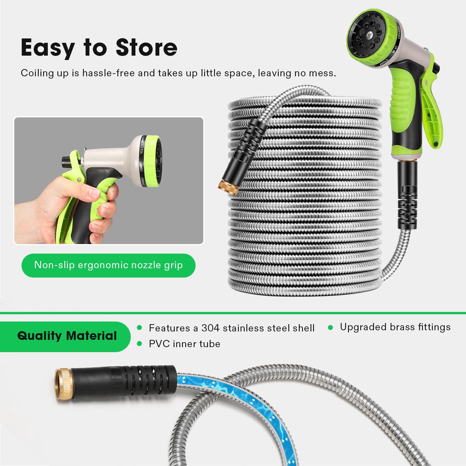 VIVOGROW Metal Garden Hose 50ft, Stainless Steel Water Hose with Brass Fittings & 10-Function Nozzle, Tangle Free & Crush Proof, Flexible Bionic Hose for Garden Watering, Pet Bathing, Car Washing