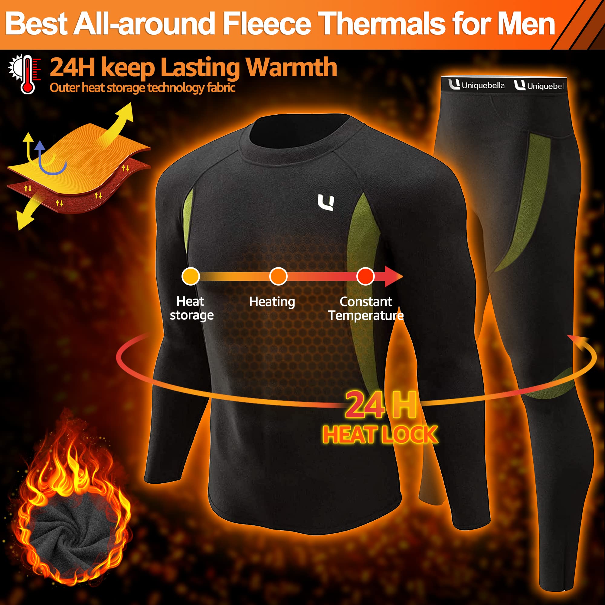 UNIQUEBELLA Men's Thermal Underwear Sets Top & Long Johns Fleece Sweat Quick Drying Thermo Base Layer Green