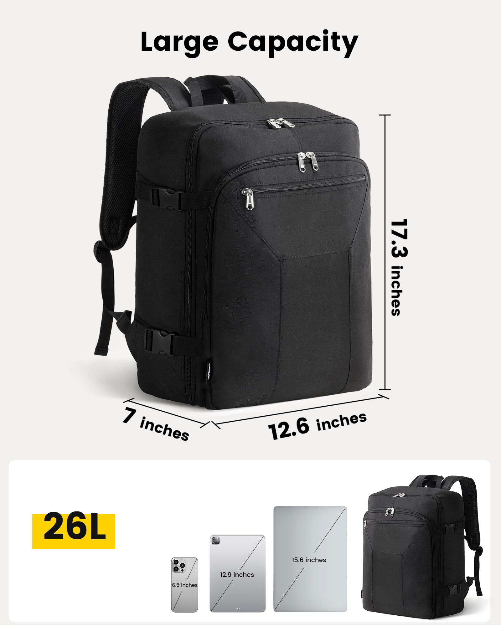 Vorspack Travel Backpack for Women Men - Carry On Backpack for Airplanes Large Laptop Backpack Casual Daypack with Shoe Compartment for Travel Work College - Black