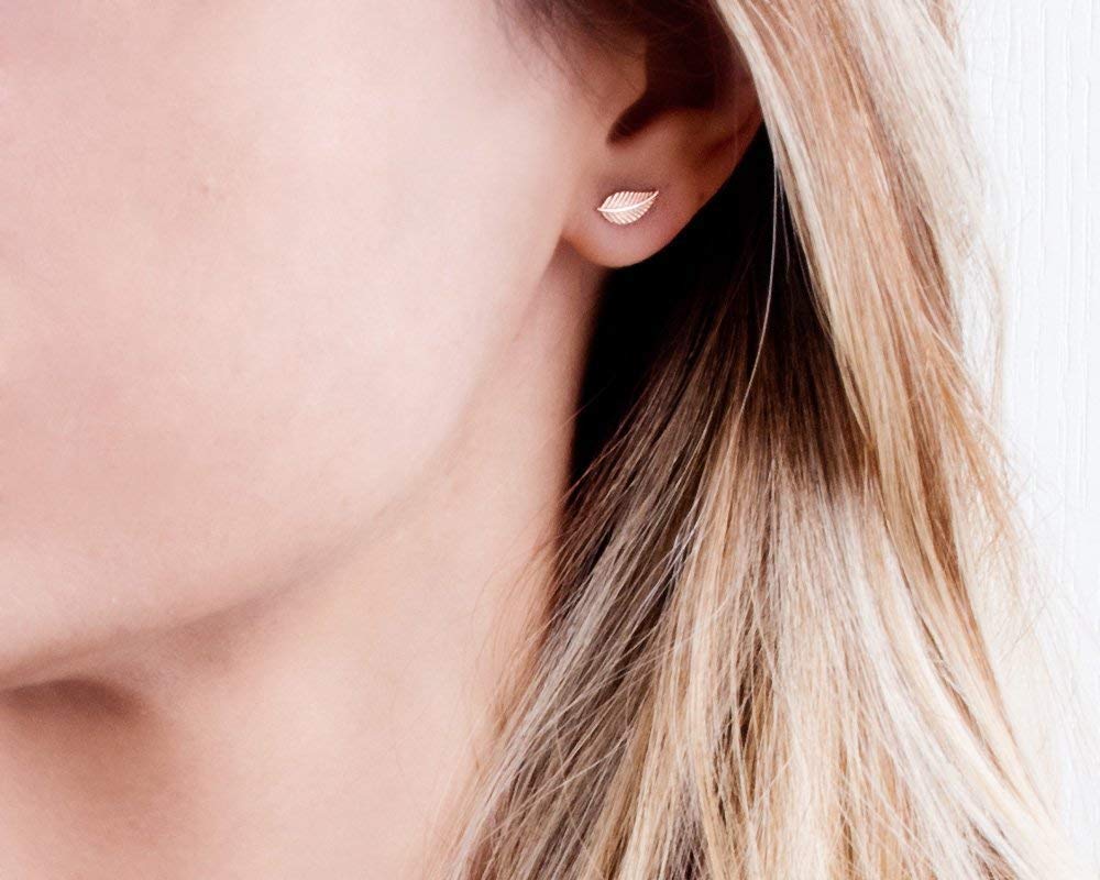 Tiny Rose Gold Leaf Stud Earrings - Designer Handmade Simple Post Earrings