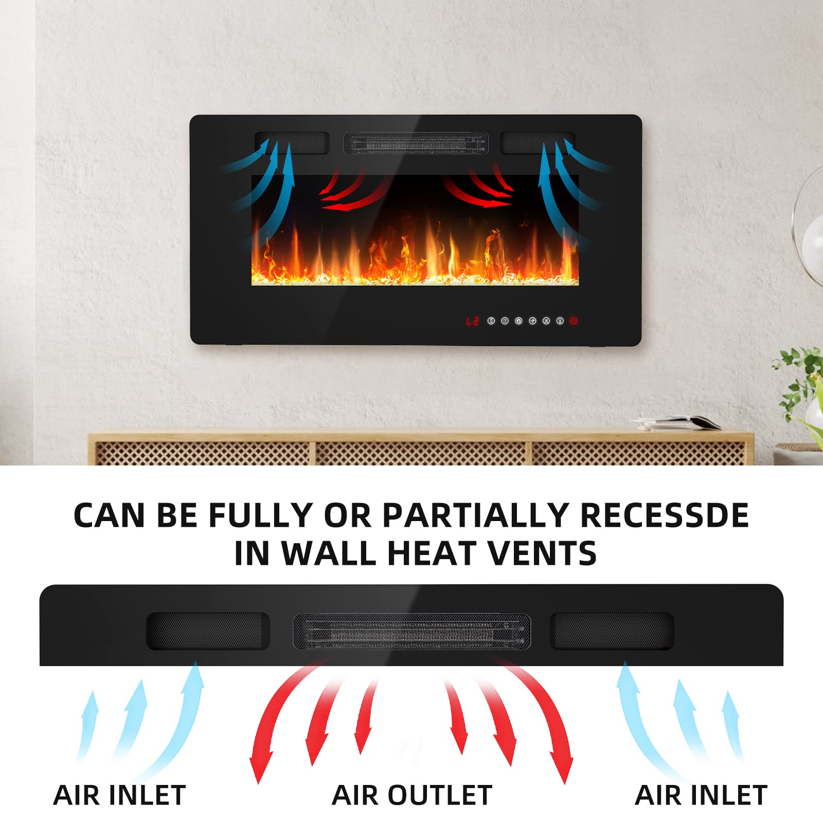 Zionheat 36 inches Electric Fireplace-Wall Fireplace for Living Room-Fireplace Heater Insert Wall Mounted with Remote Control,Timer,12 Flame Colors,750/150W