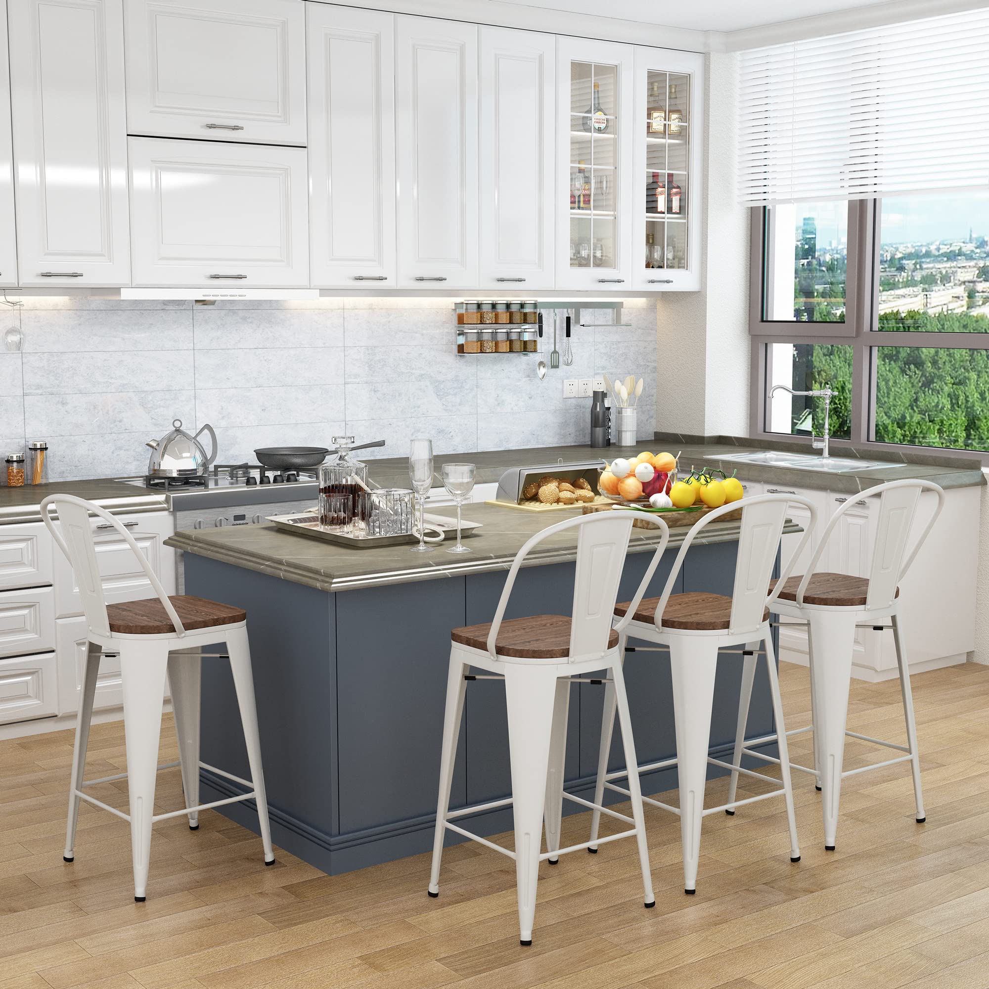 Yongqiang 24" Metal Bar Stools Set of 4 Kitchen Counter Height Bar Chairs High Back Farmhouse Barstools with Large Wooden Seat Cream White