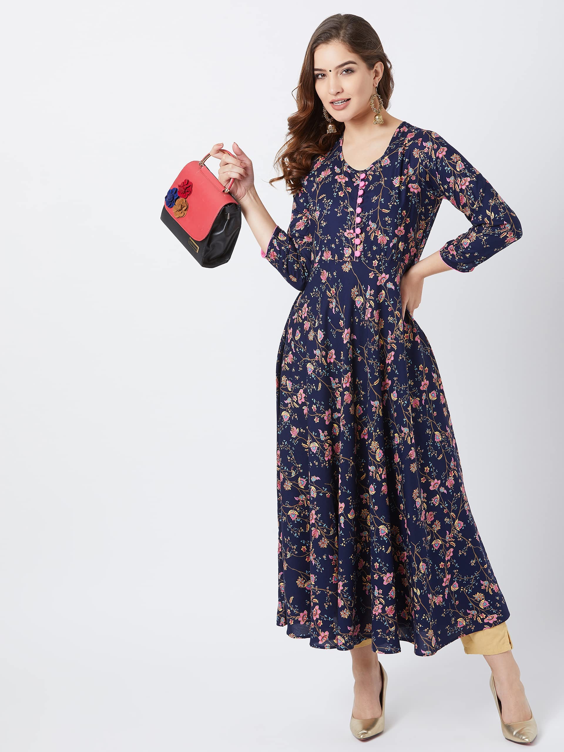 Tissu Women's Navy Blue & Pink Floral Printed Flared Kurta (Blue_S)