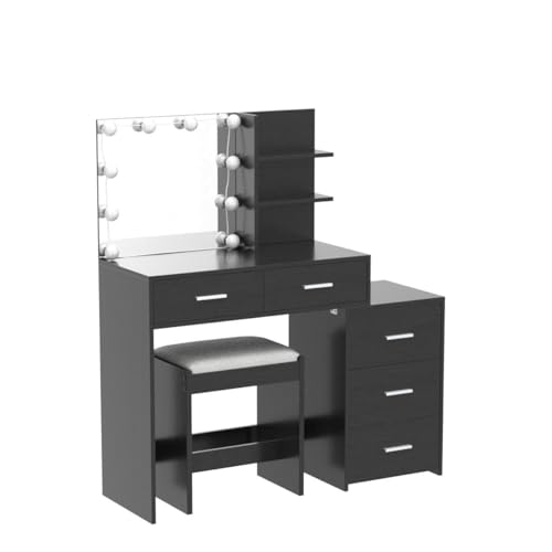usikey 43.5in Large Vanity Desk with Mirror and 10 LED Lights, Makeup Vanity Table with Lights and 5 Drawers, Black Vanity Table Vanity Set with Storage Shelves and Stool for Women Girls, Black