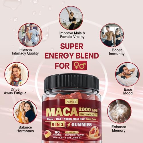 Sugar Free Maca Root Filled Gummies 2000mg for Women & Men with Ashwagandha, Tribulus Terrestris, Rhodiola, Panax Ginseng, L Arginine & L Tyrosine for Natural Energy, Mood & Immune Support - Vegan