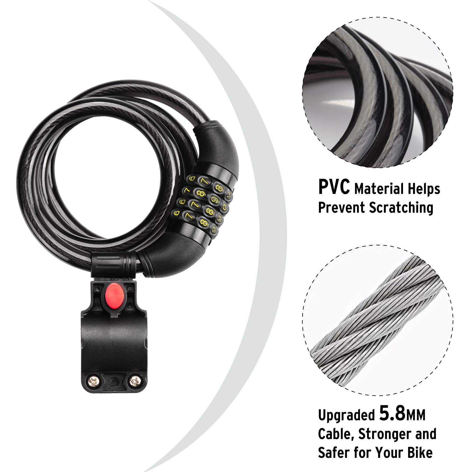 Titanker Bike Lock, 4 Feet Bike Locks Cable, Secure Resettable Combination Bike Lock with Mounting Bracket, 1/2 Inch Diameter