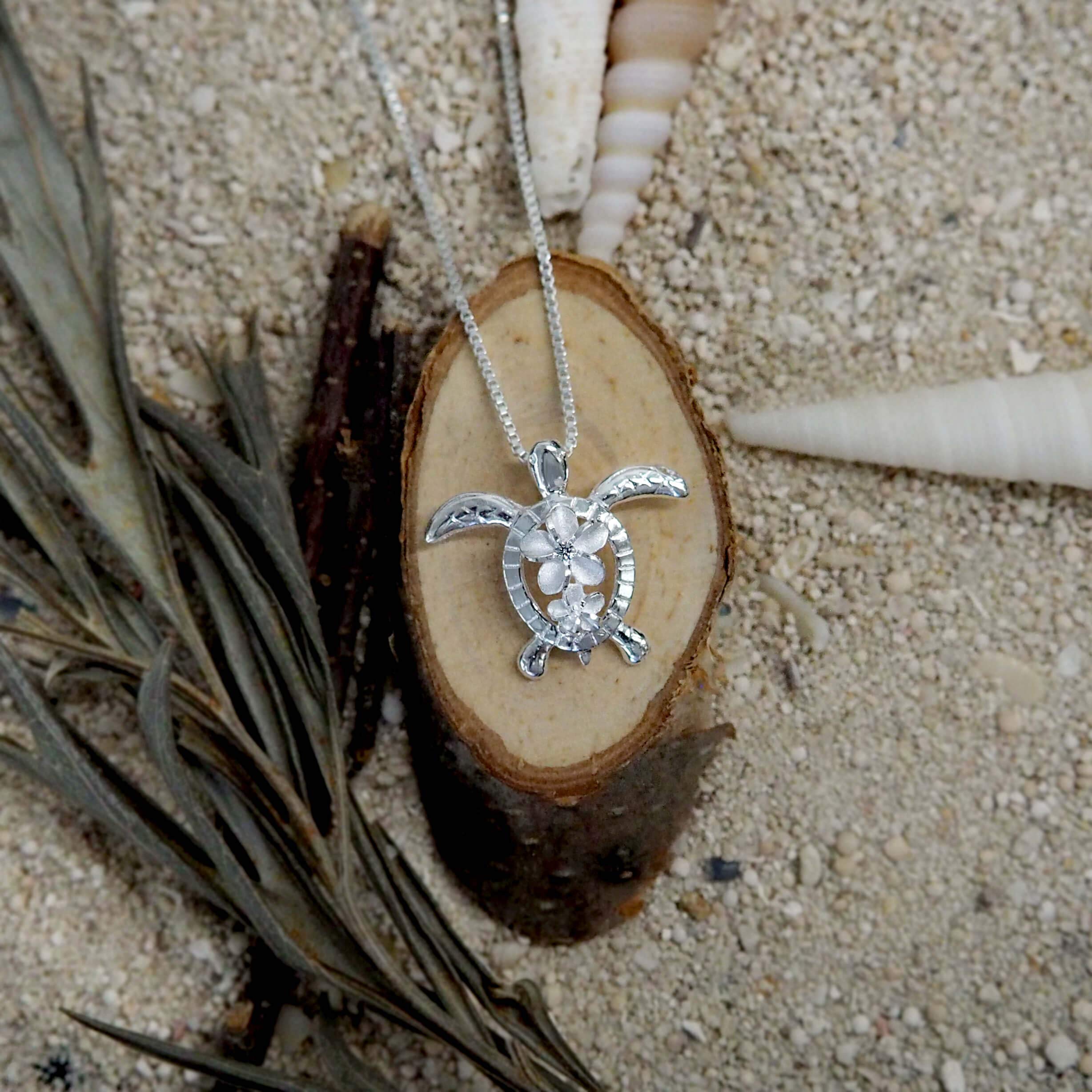 Sterling Silver with Yellow Gold Tone Accents Turtle Plumeria Pendant Necklace, 16+2" Extender
