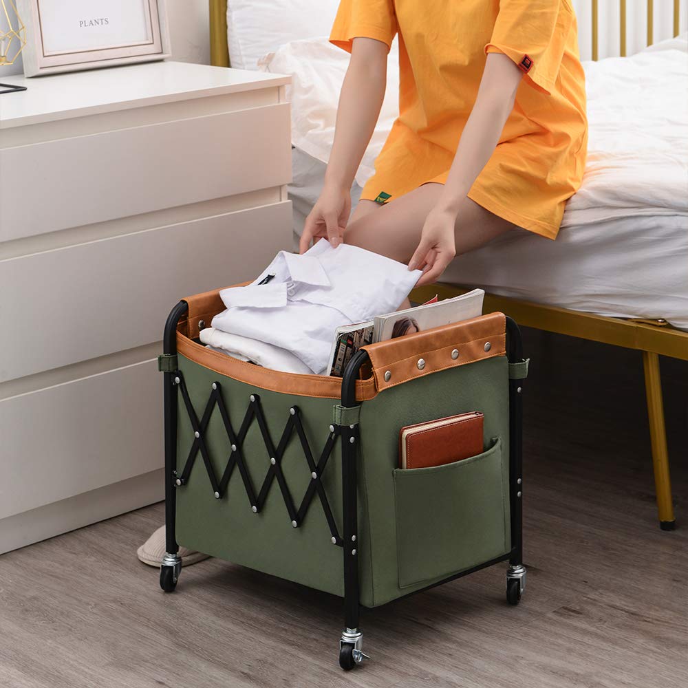 Whitsunday Home Clothes Laundry Storage Organizer Foldable Cart Basket with Rolling Wheels (Standard Size, Green)