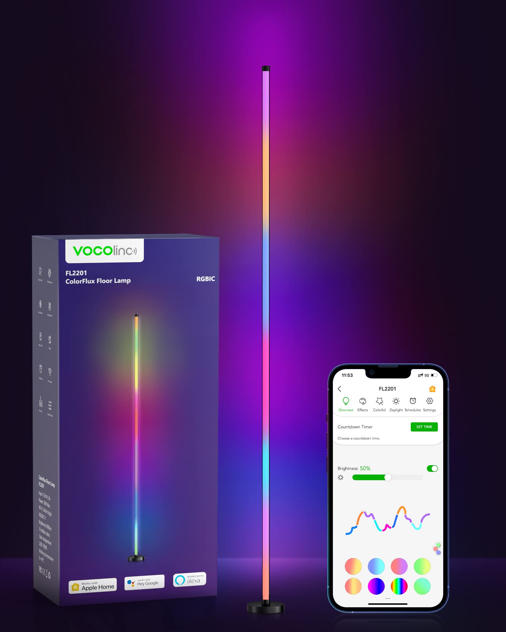 VOCOlinc Smart LED Floor Lamp, Modern Floor Lamp with Voice Control, 16 Million Colors, Timer,Stepless Dimming, Corner Lamp with Music Modes, Work with Apple Home HomeKit Alexa Google