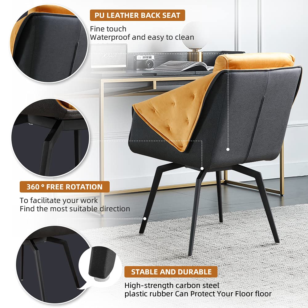 Zerifevni Antique Velvet Accent Chair with Armrest Upholstered Swivel Computer Desk Chair with Arms for Home Office Study Bedroom Armchair(Yellow)