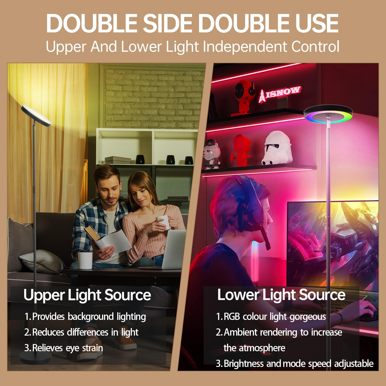 YOPSTAR Double-Sided LED Floor Lamp, Dimmable Bright Modern Tall Standing RGB Lamp, 4 Color Temperatures Torchiere Sky Lamp with Remote Smart App & Touch Control for Living Room, Bedroom, Office