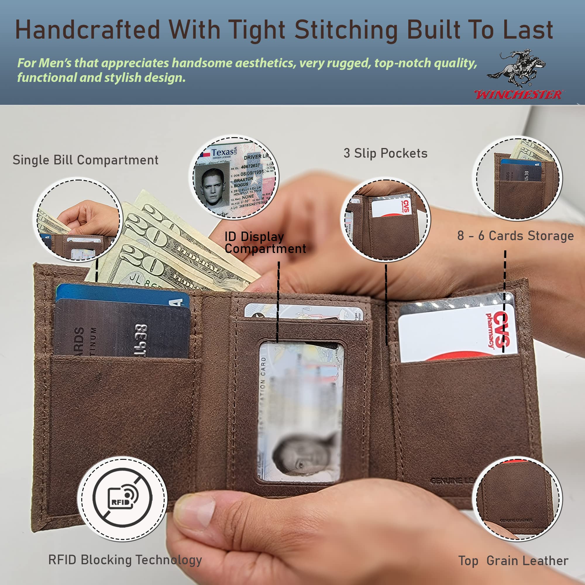 Winchester Trifold Wallets for Men - RFID Brown Full Grain Leather, ID Window Credit Card Slots, Slim Lightweight Minimalist Wallet, Little Amarillo