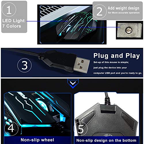 ZKUROZOXY M18 Wired Computer Laptop Mouse for Gaming, USB Mice for Gamer Game with 7 Colors Light, Side Button,4 DPI Up to 3200 with 6 Buttons for Windows Mac Linux Vista MacBook (M18)