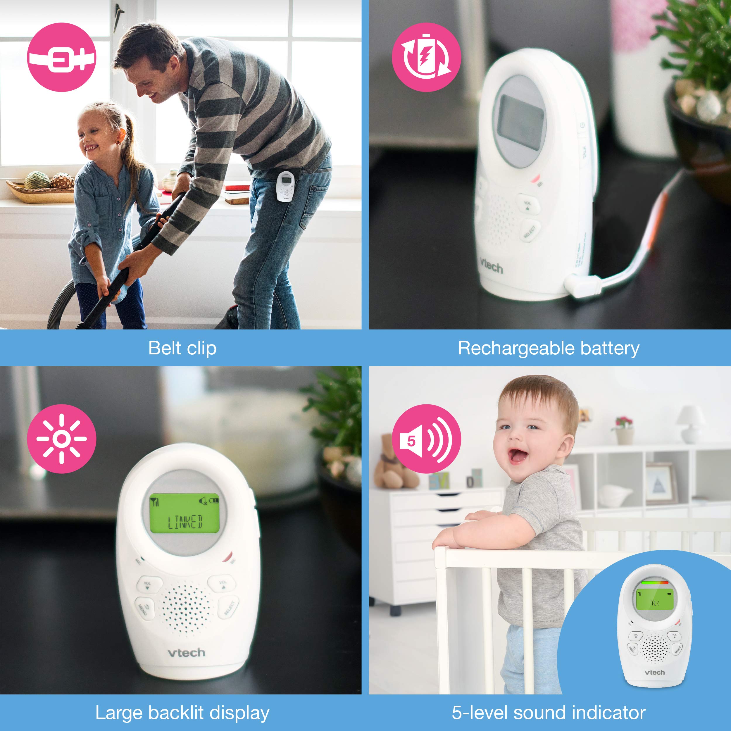 VTech DM1211 Enhanced Range Digital Audio Baby Monitor with Night Light, 1 Parent Unit, Silver & White (Renewed)