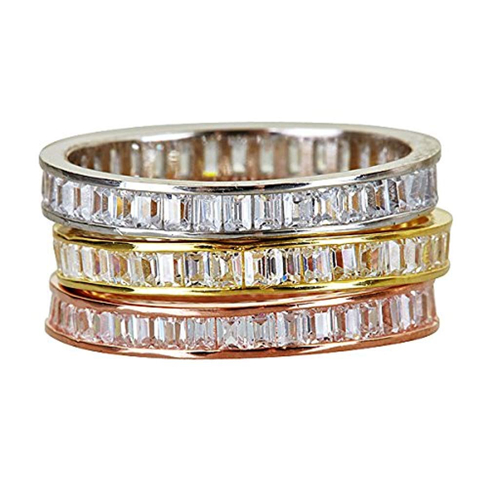 Sterling Silver Tricolor Baguette Channel Set Stack Cubic Zirconia Ring