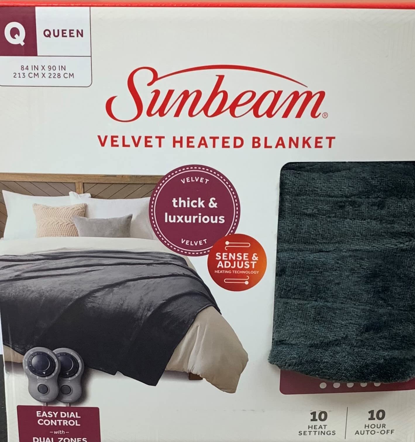 Sunbeam Queen Electric Heated Blanket Softest Luxurious Velvet with Two Controllers 10-Heat Settings Auto Sut-Off UL Listed for Safety, Charcoal Grey