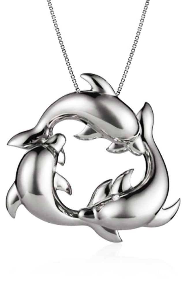 Sterling Silver Triple Dolphin Necklace Pendant (M) with 18" Box Chain