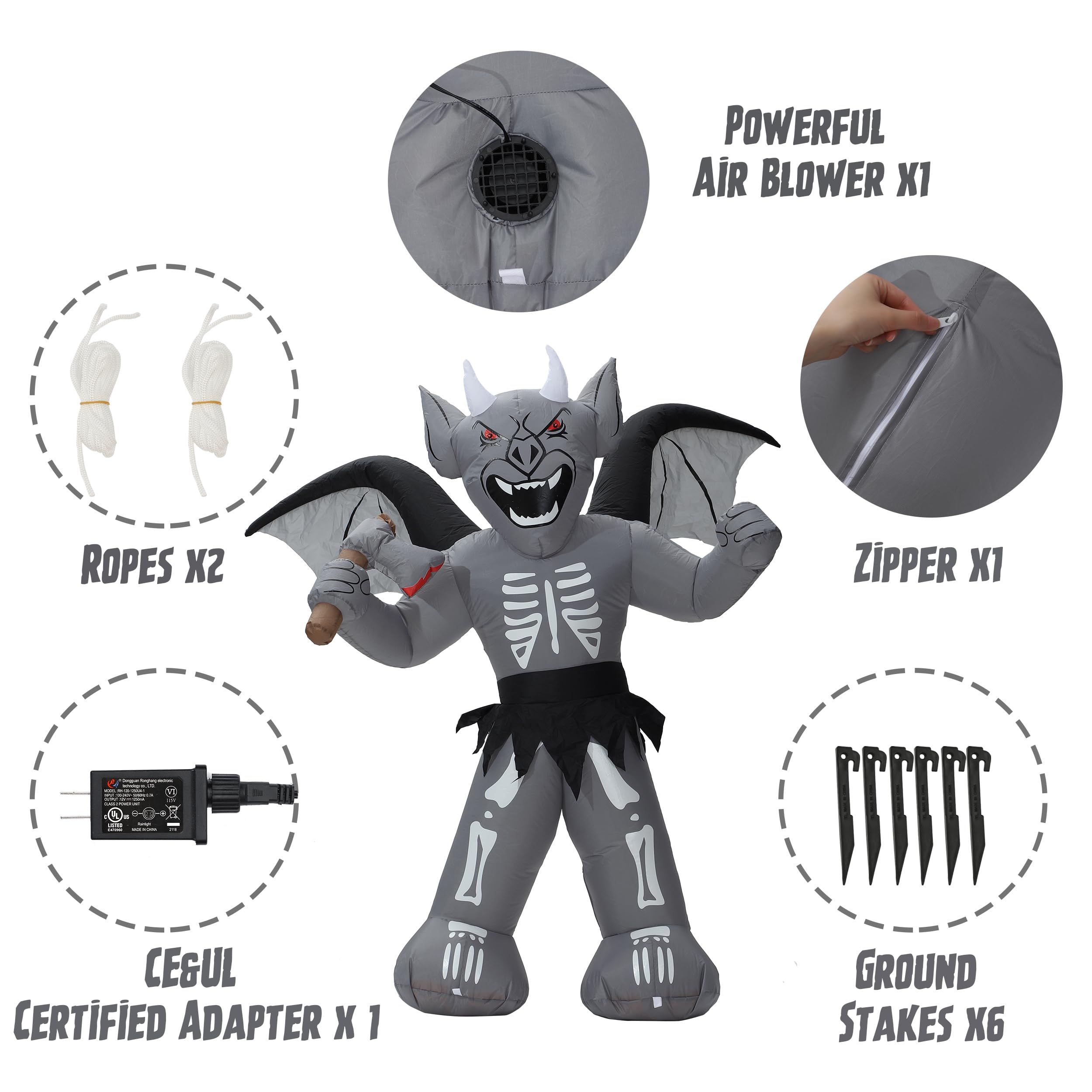 SUNGIFT Halloween Inflatable Skeleton Bat 6FT, Scary Inflatable Ghost, Blow Up Yard Decorations Clearance with Build-in LED Lights for Lawn, Garden, Yard, Indoor and Party