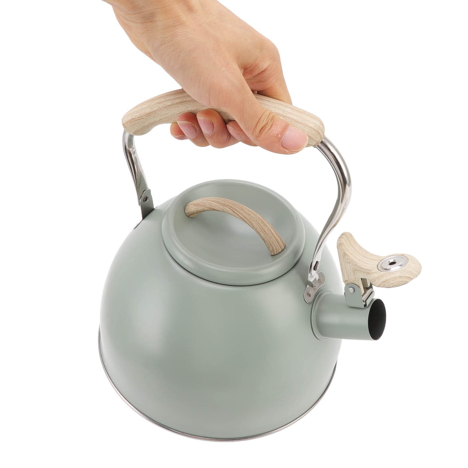 VTOSEN Whistling Tea Kettle,Light Green Tea Pots for Stove Top with Wood Pattern Handle, Universal Base for Induction, Gas and Electric (3L)