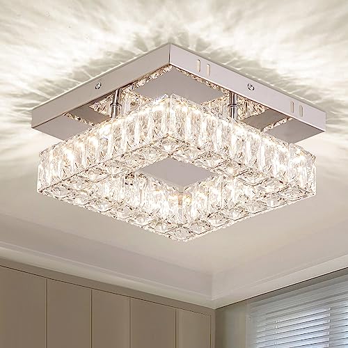 YPQXYHDA 9.8" Modern Crystal Ceiling Light Fixture Mini Square Chandelier Flush Mount Light Fixture Ceiling Lamp for Small Hallway Foyer Entryway Bedroom,3 Colors Adjustable