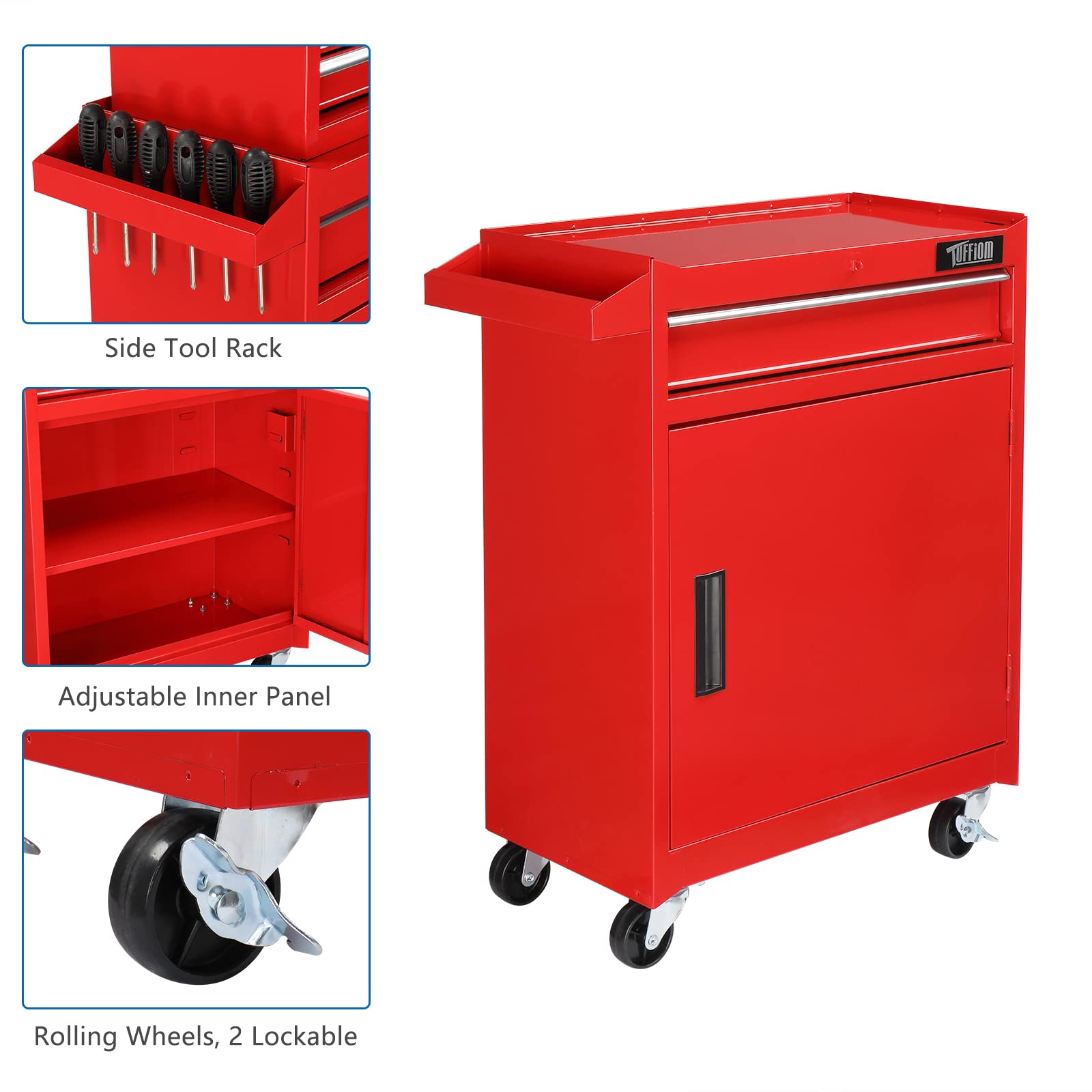TUFFIOM 5-Drawer Rolling Tool Chest, Tool Storage Cabinet w/Drawers, Wheels, Detachable Top & Adjustable Shelf, Mechanic Tool Organizer Box for Garage, Workshop, Warehouse & Repair Shop, Red