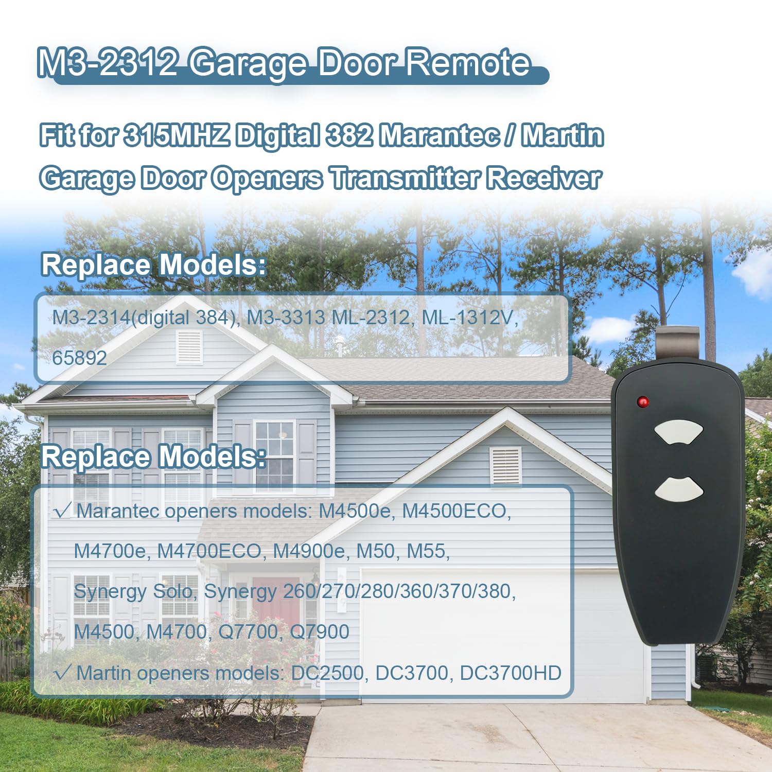 Upgraded M3-2312 Digital 382 Garage Door Remote for Marantec and Martin Garage Door Openers Transmitter Receiver, 315MHZ, Replace M3-2314 M3-3313 ML-2312 ML-1312V 65892