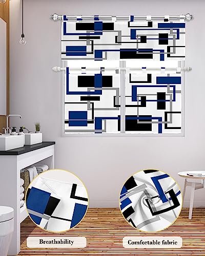 WARM TOUR Tab Top Curtain Valance and Tiers Set,Modern Abstract Blue Black Grey Block Light Filtering Kitchen Curtains Valances,Minimalism Lines Geometric Art Cafe Window Treatment Drapes for Bedroom